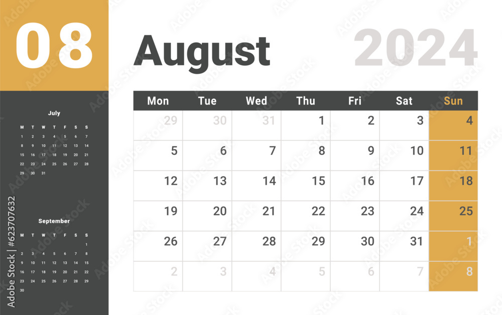 Monthly Calendar Template of august 2024. Vector layout simple calendar ...
