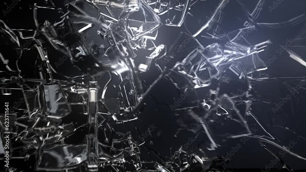 Shattered and broken glass shards flying through the air background ...