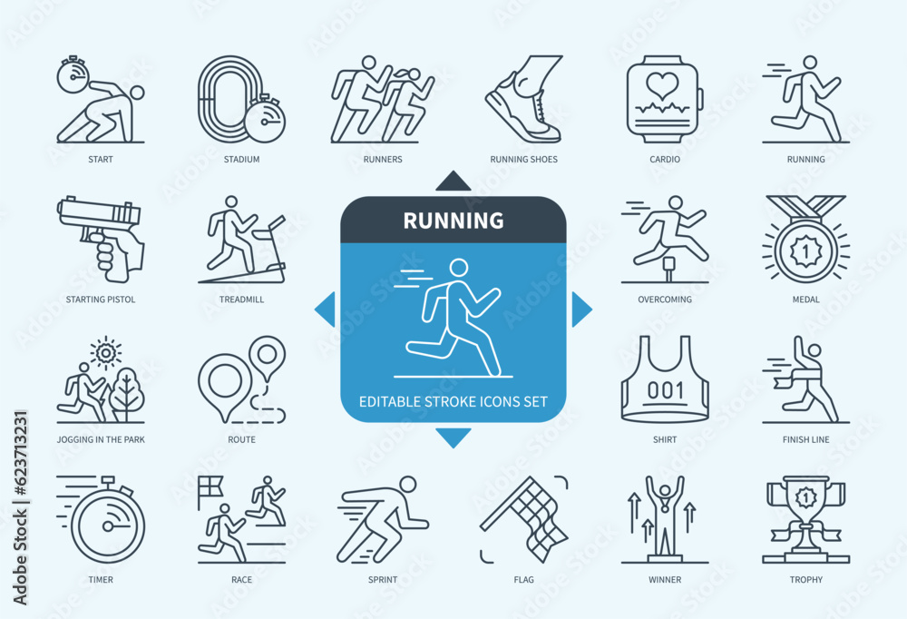 Editable line Running outline icon set. Sprint, Stadium, Overcoming ...