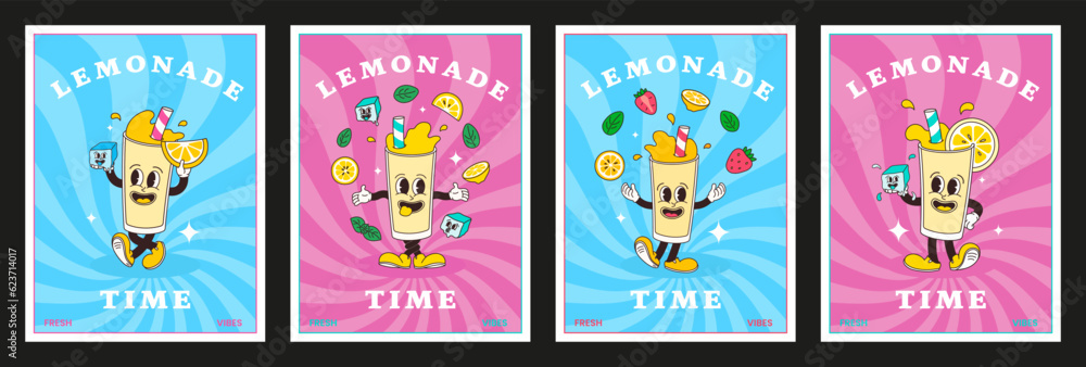 Set of comic cartoon characters of lemonades on striped sunburst ...
