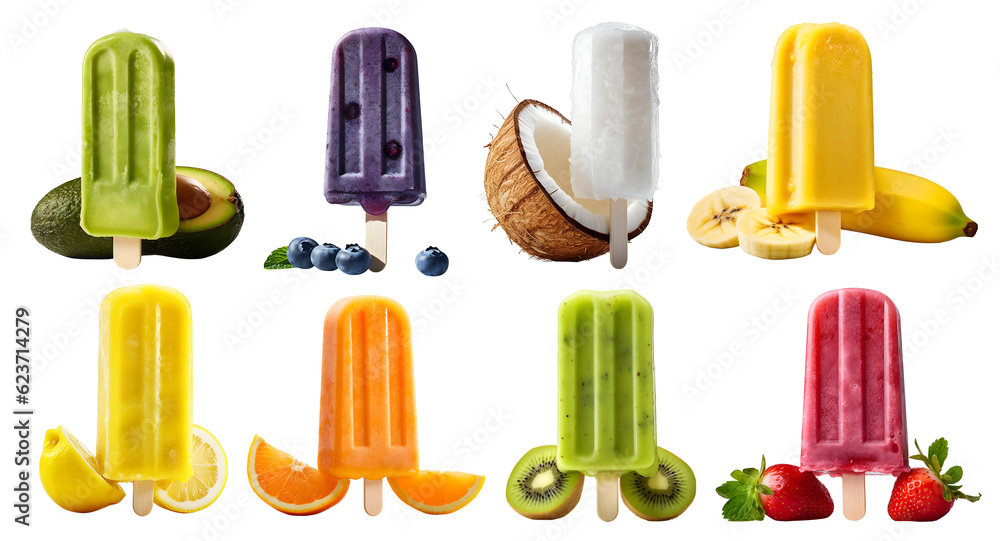 Ice popsicle lolly with fruits toppings on transparent background ...