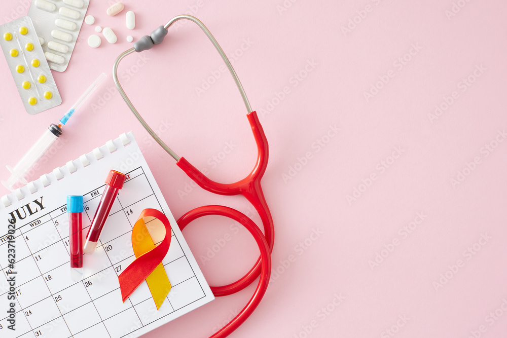 Health care on hepatitis day July 28th. Top view composition of ...