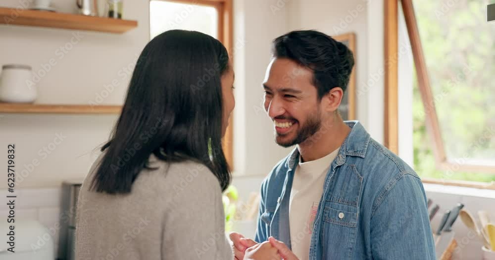 Love, hug and happy couple in a kitchen talking, together and intimate ...