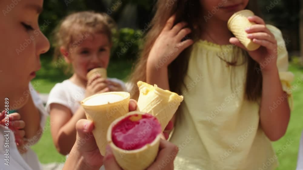 Concept of delicious food and children's happy emotions. Smiling ...
