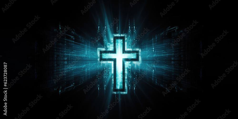 Digital christian cross in cyberspace with copy space, 3d render ...