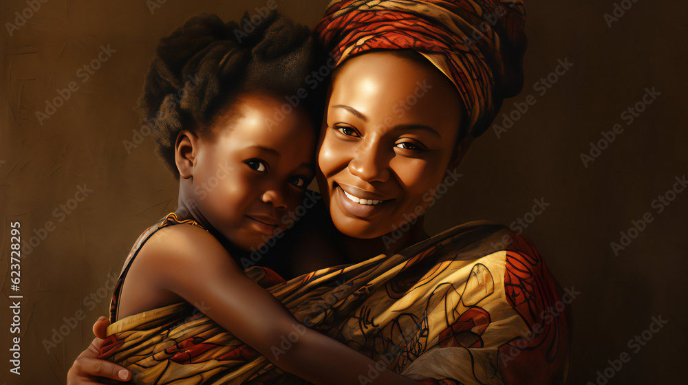 Portrait of happy African Single mom hugging her child. Generative AI ...