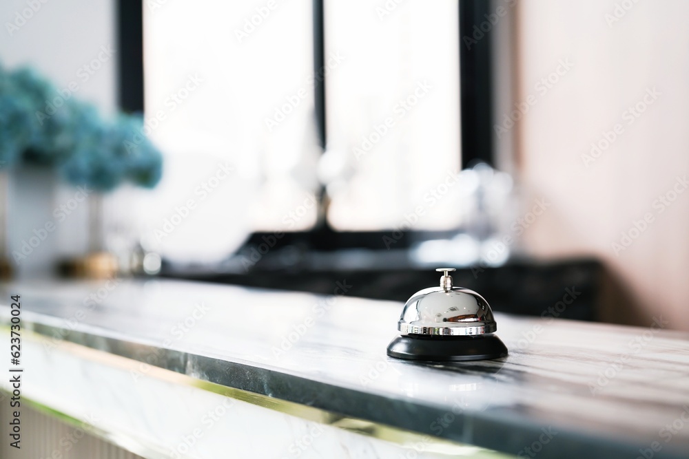 Hotel reception counter desk with service bell. front desk bell for ...