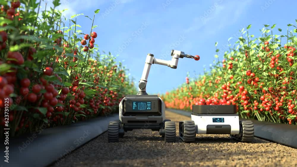 Robot is picking tomatoes in a tomato garden, Agricultural robots work ...