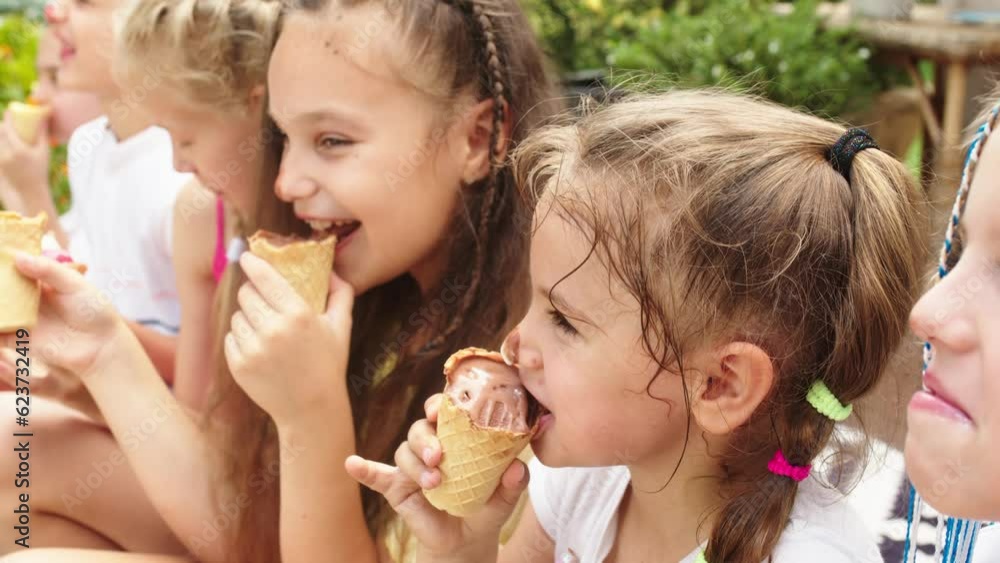 Concept of delicious food and children's happy emotions. Smiling ...