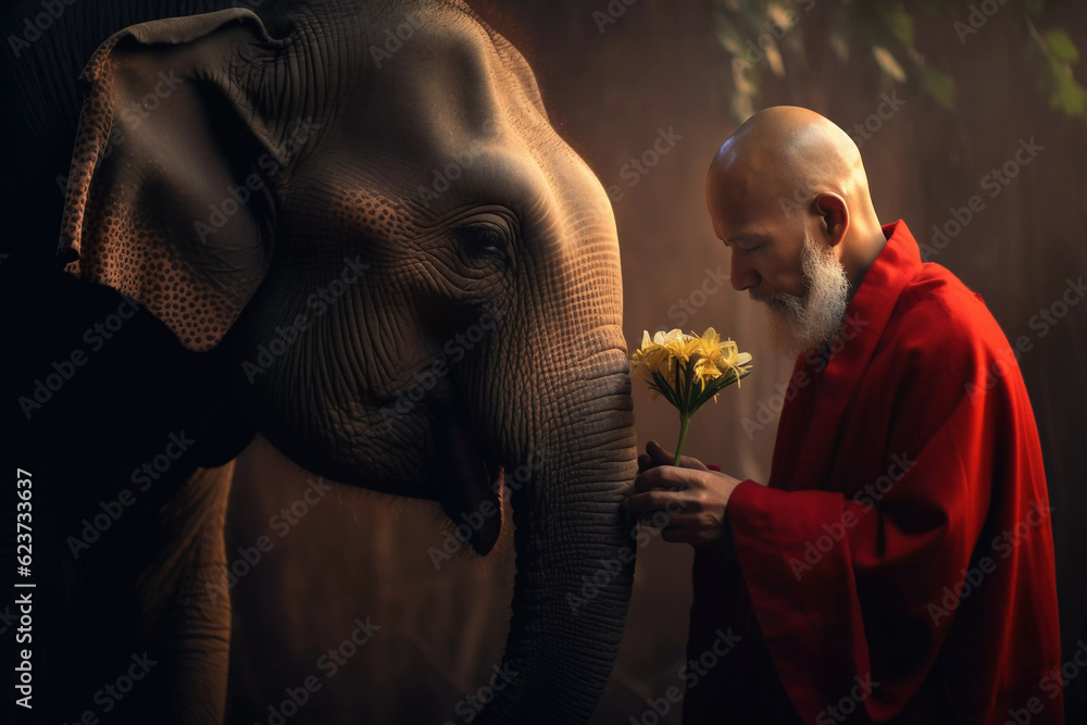 Buddhist Monk with an Elephant love and kindness of Buddhism Stock ...