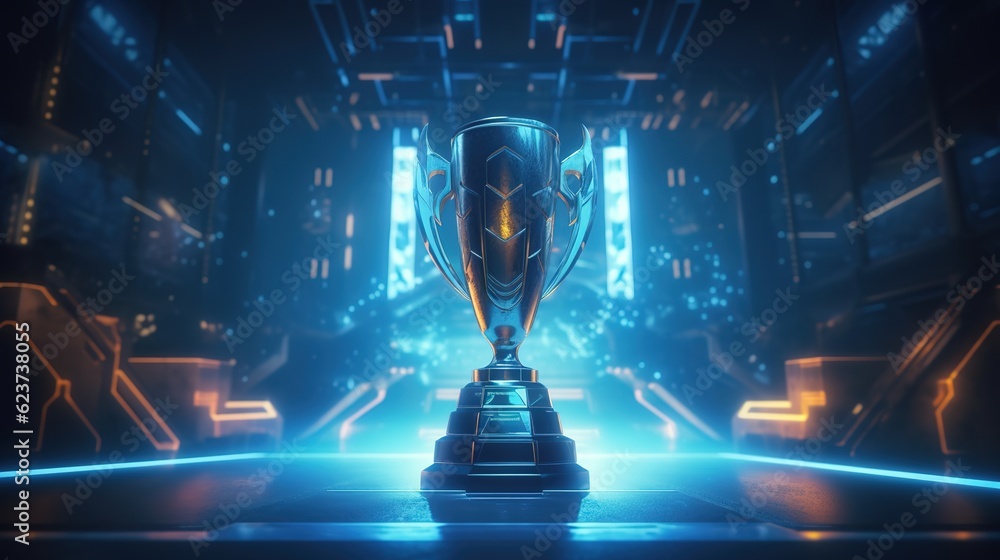 Champion tech trophy. E-Sports winner trophy on a futuristic view of a ...