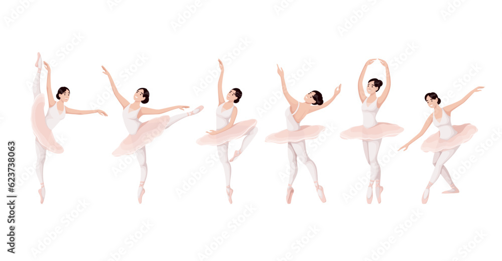 Ballerina dancing set vector illustration. Cartoon isolated beautiful ...