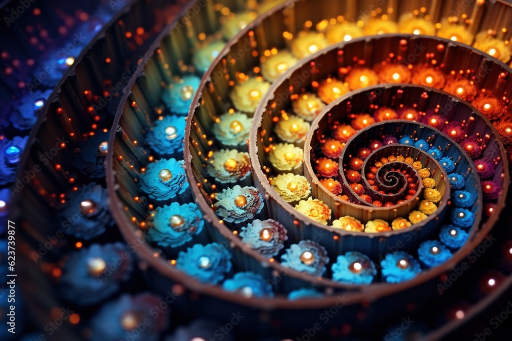 Fibonacci sequence represented by spirals of colorful dots Stock ...