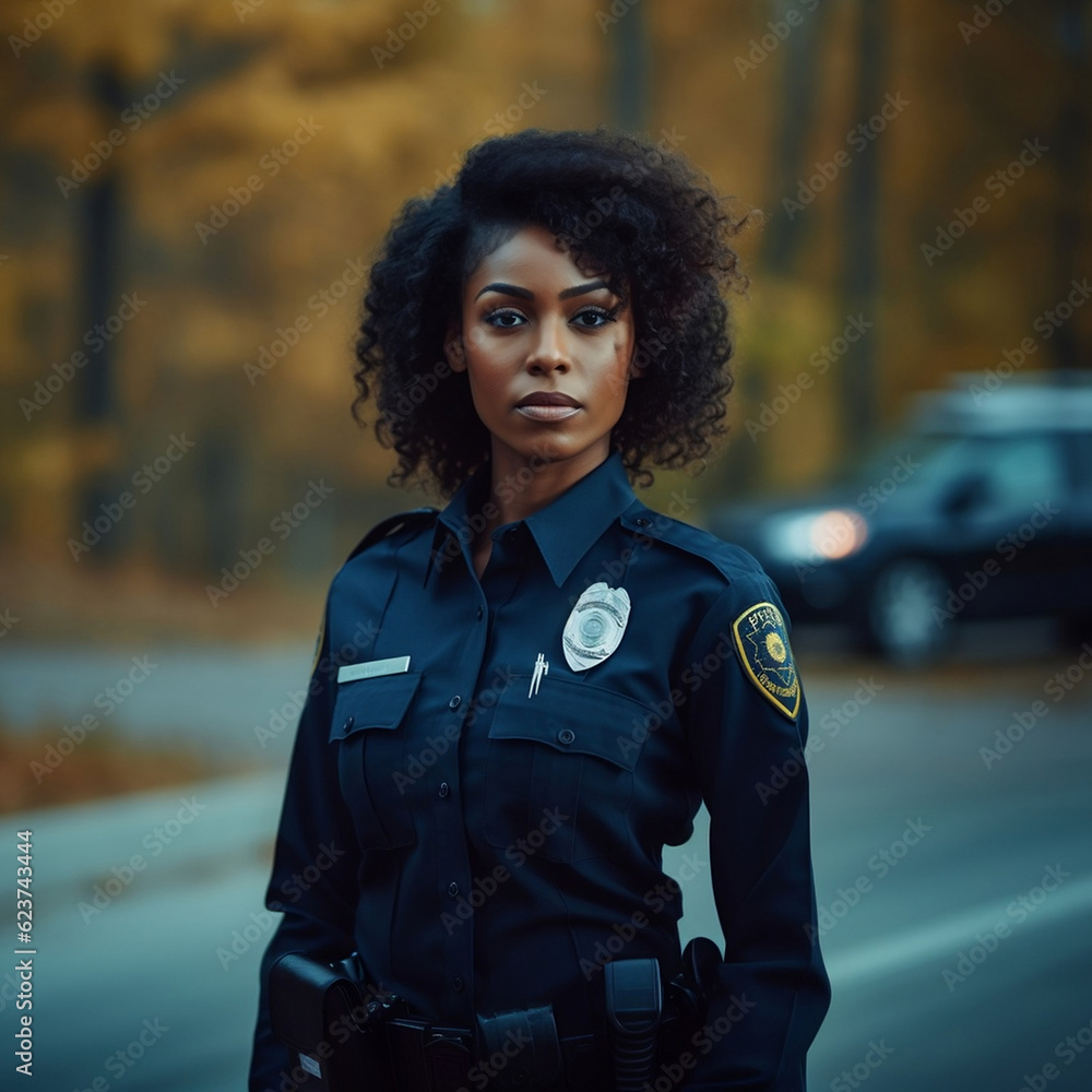 Beautiful african american female police officer walking in the city ...