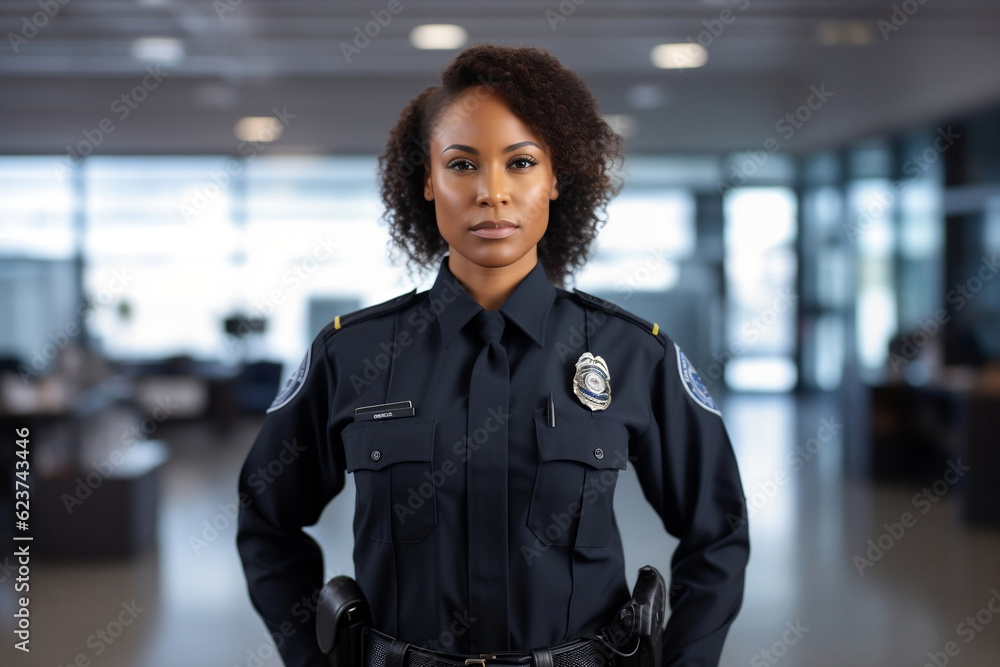 Portrait of confident black american woman police officer standing in ...