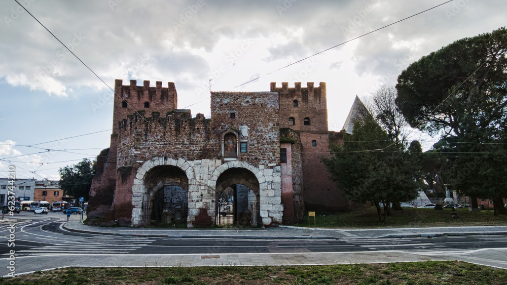 Ancient Rome landmark with majestic well preserved Porta San Paolo gate ...