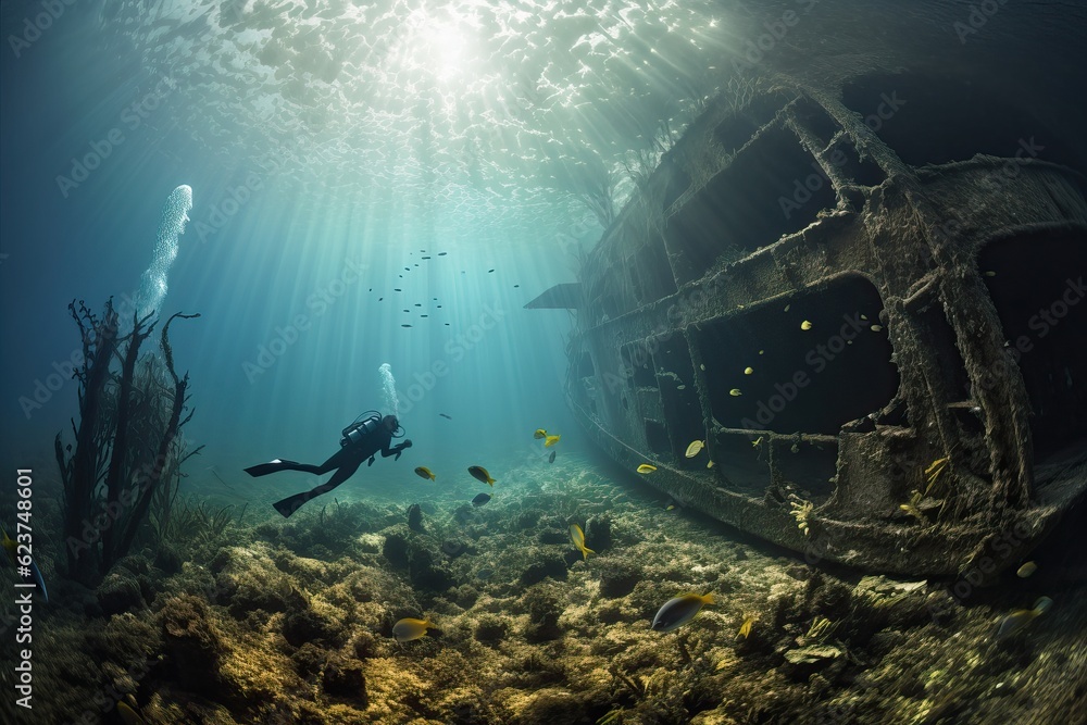 Dangerous dive to study the cause of the death of the ship. Diver in ...