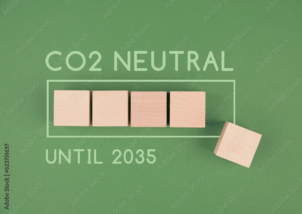 CO2 emission neutral until 2035, loading bar for green energy, carbon reduce footprint ...