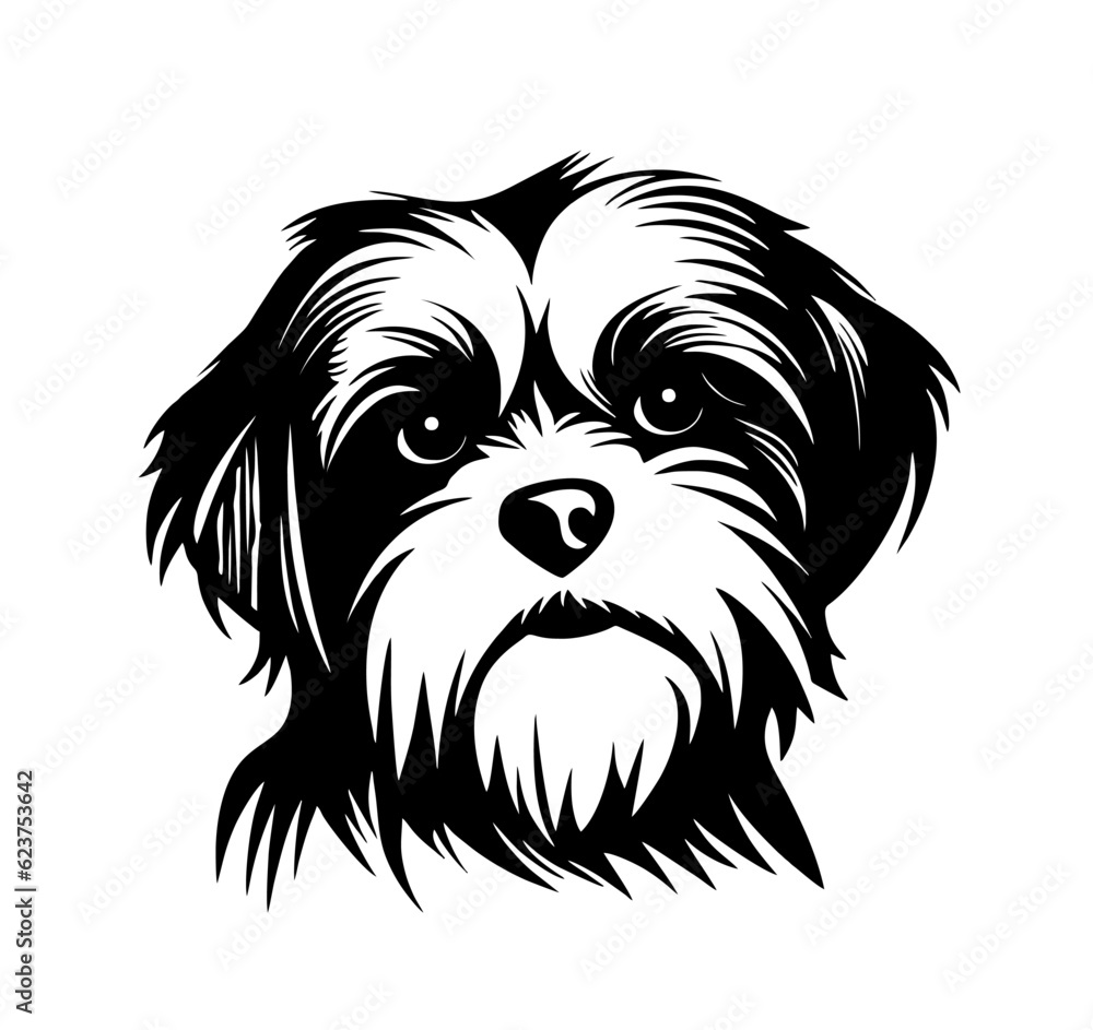 Vector isolated one single sitting Shih Tzu dog head front view black ...