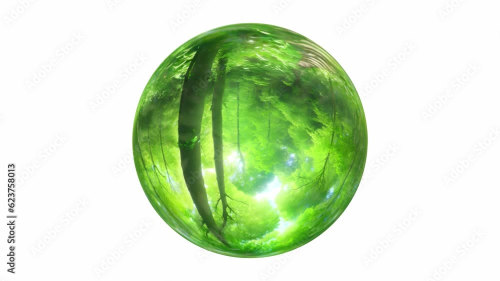 3D animation - Glass sphere with a green forest nature reflection ...