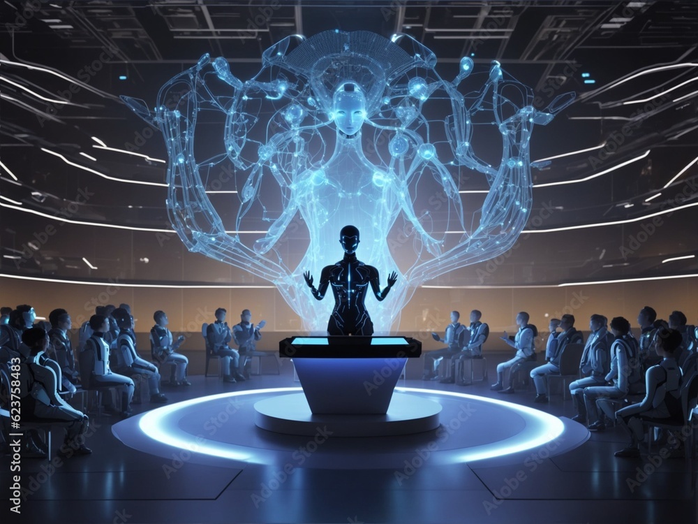 The AI is depicted as an avatar composed of fluid lines and glowing ...