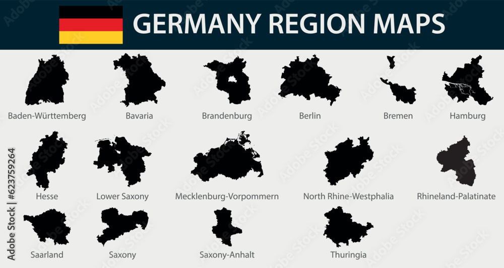 Map of Germany regions set outline silhouette graphic element ...