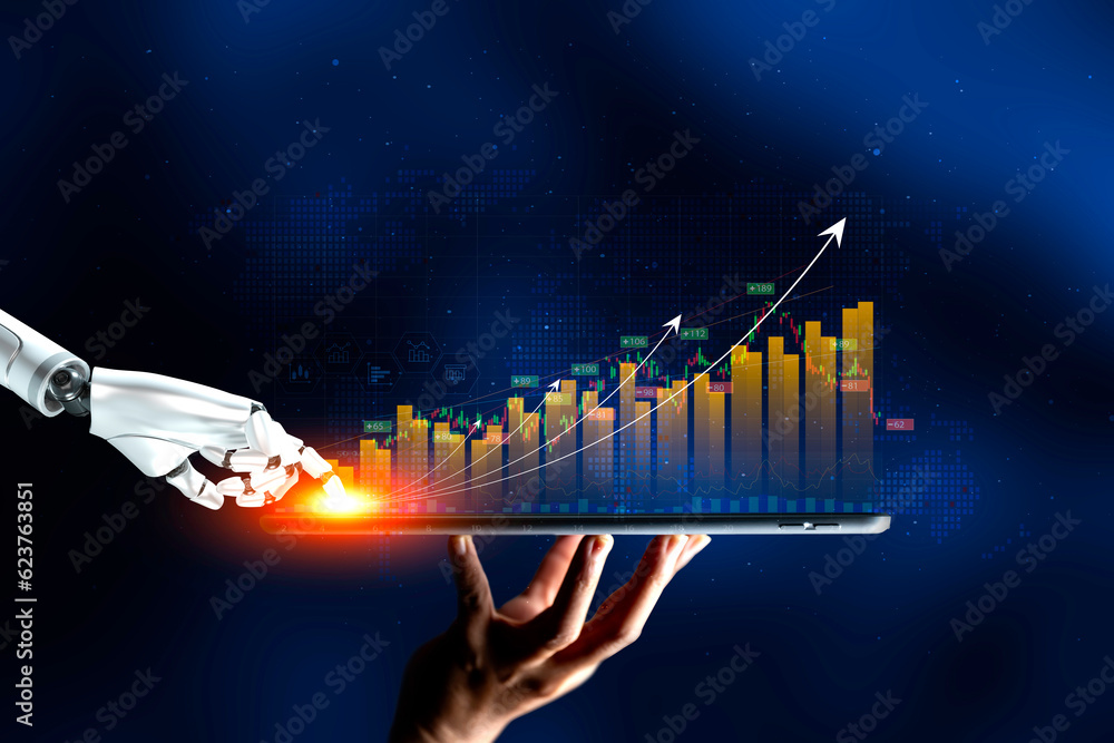 Robot trading concept. Robot hand represents use of artificial intelligence in trading stocks ...