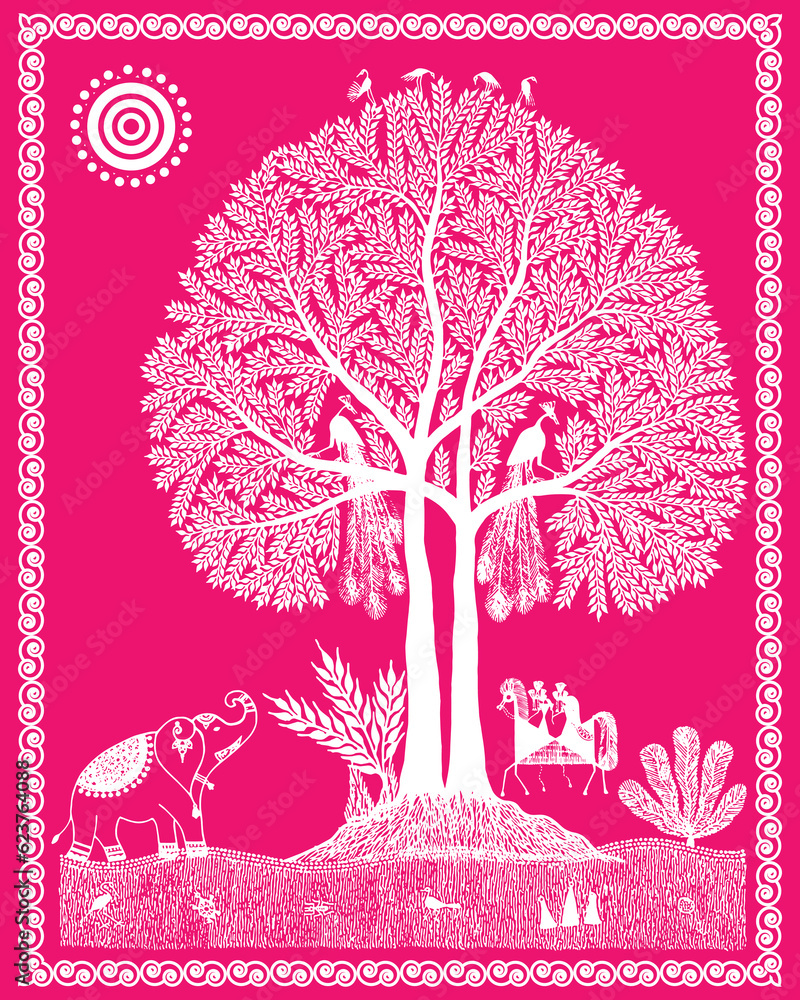 Vetor de Warli Art: Majestic Elephant, Spirited Horse, and Sacred Tree ...