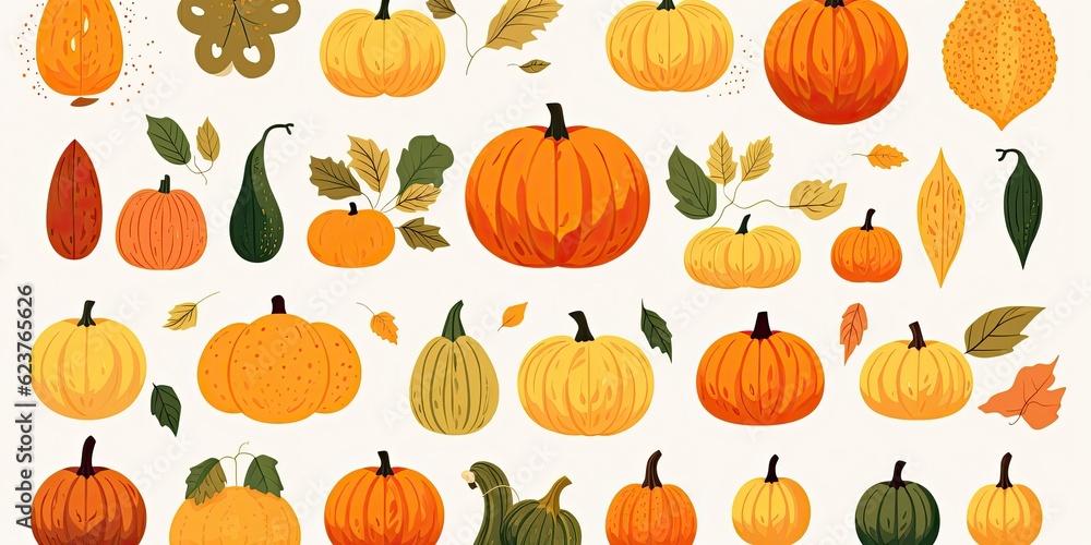 Set of Ripe Pumpkins, Leaves, Slices, and Seeds - Embracing the ...