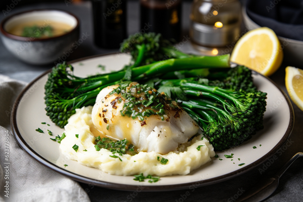 Baked cod with mashed potatoes and broccolini generative AI Stock ...