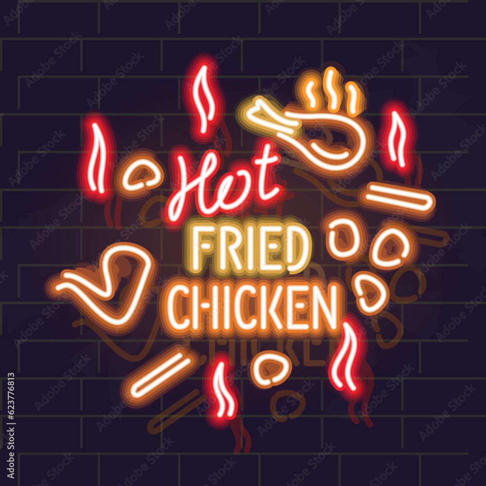 Neon hot fried chicken poster. Typography with food silhouette on brick ...