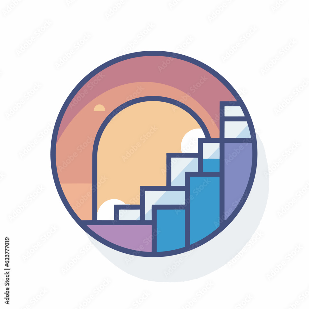 Vector of a circular logo with a sunset background in a flat and ...
