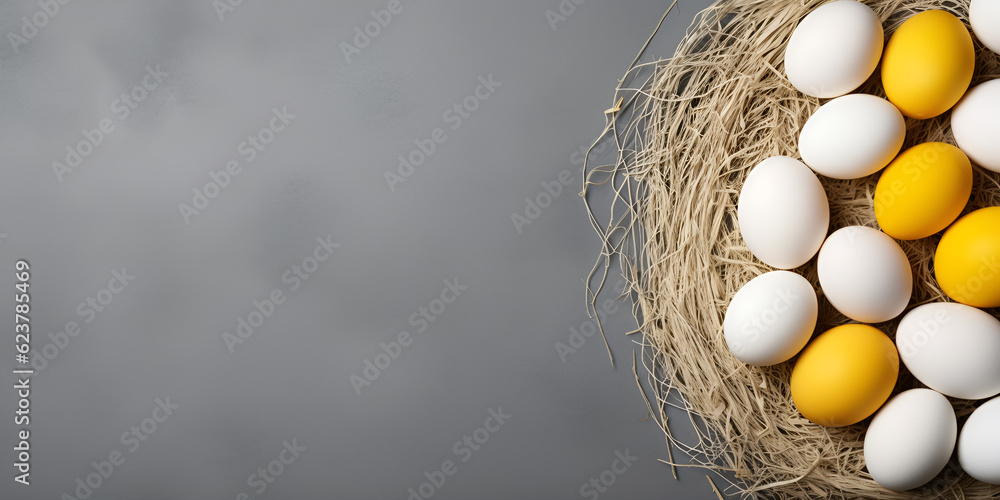 Side view of basket of eggs in nest with eggs around on floor ...