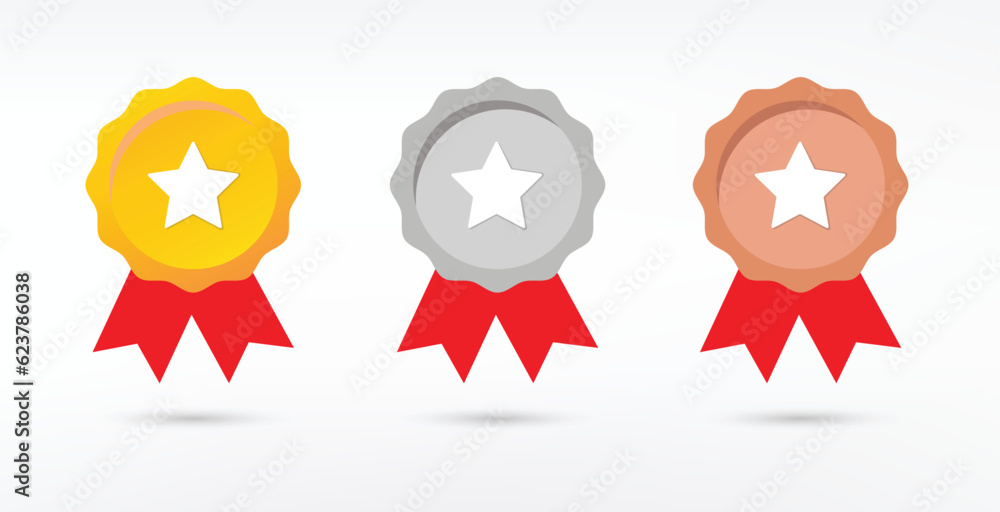Gold, silver, and bronze medal with stars. Trophy with red ribbon ...