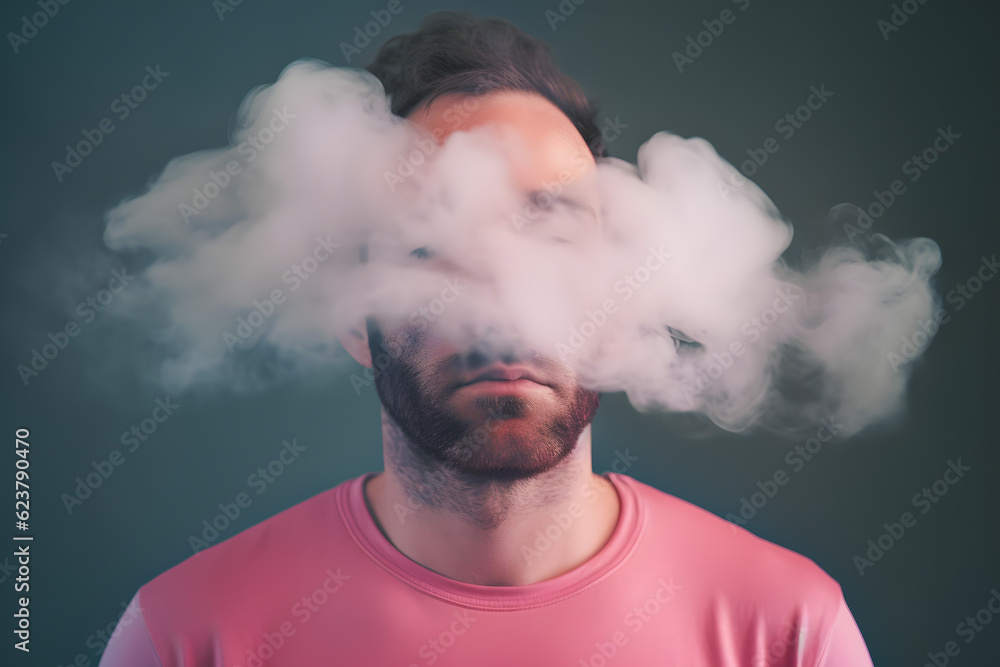 Man with a clouded mind, his head in pink glamorous stylish minimalism ...