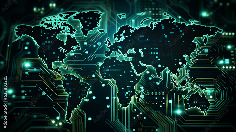 Stylized map of the world with digital elements, such as circuit board ...