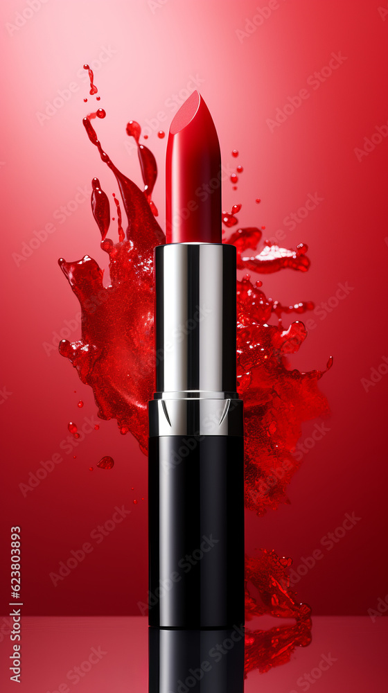 Red lipstick tube opened with splash of red color and background Stock ...