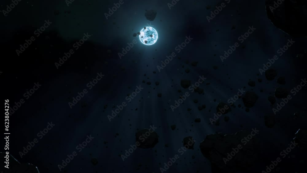 Approaching White dwarf star Sirius B through floating barren rocky ...