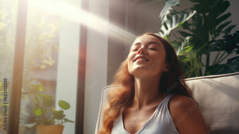 A relaxed woman basking in the soothing coolness of the air conditioner, finding respite from ...