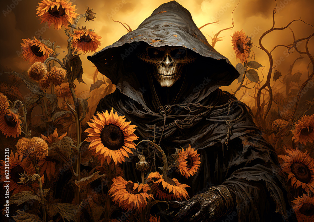 death the grim reaper surrounded by doubt and beautiful sunflowers ...