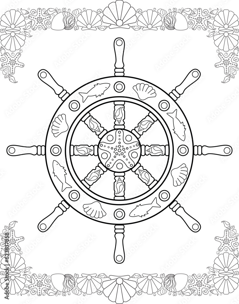 Steering wheel with shell borders - vector linear picture for coloring ...