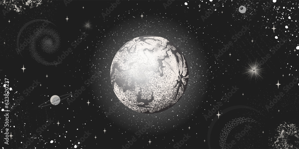 Moon and planets. Space background. Astrology sketch. Occult art with ...