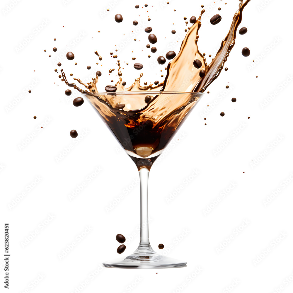 splashing Espresso Martini tilted on white background Glass of Espresso ...
