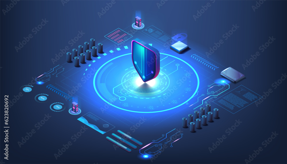 Cyber security. Digital shield. Ransomware DDoS encryption. WAF ...