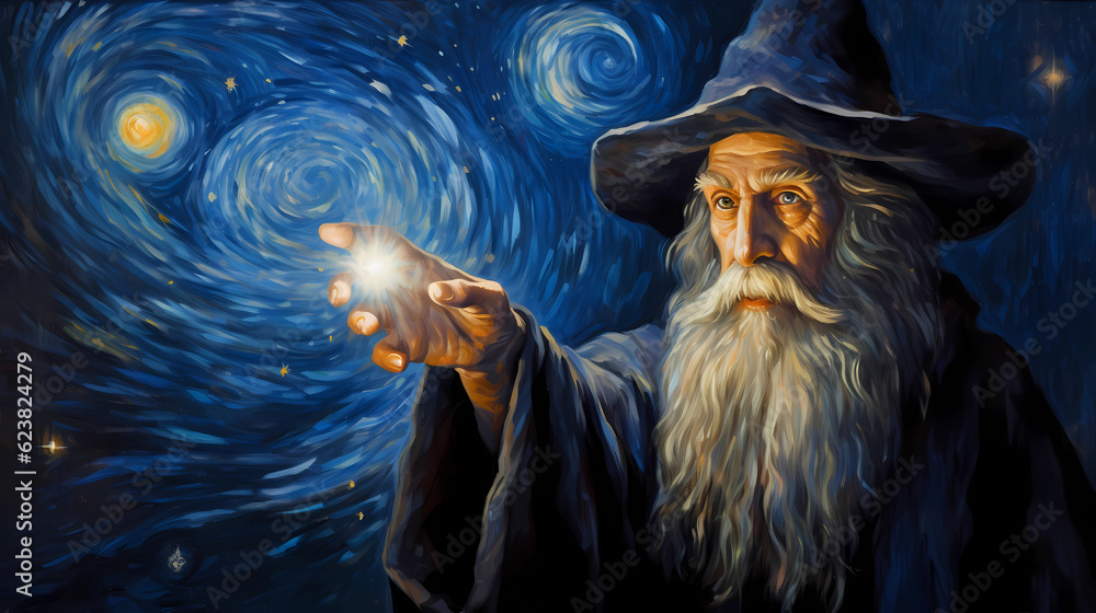 "The Starry Night" with a wizard casting spell using van Gogh style ...