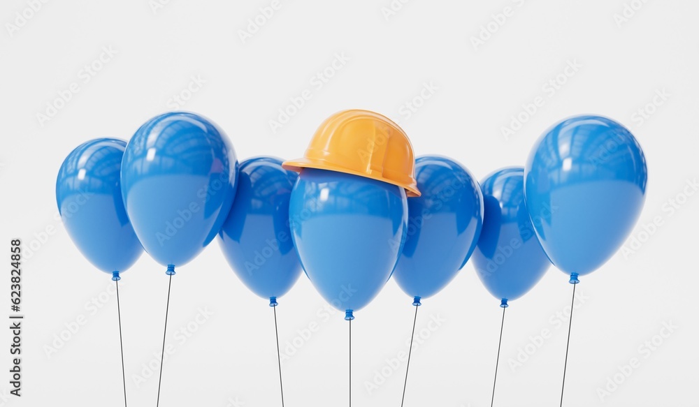 Celebration party balloon wearing a yellow construction hard hat. labor ...