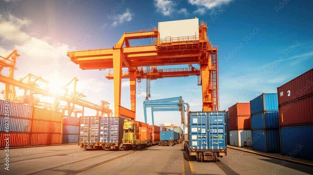 container stacker crane raises a stacking container box in the yard ...