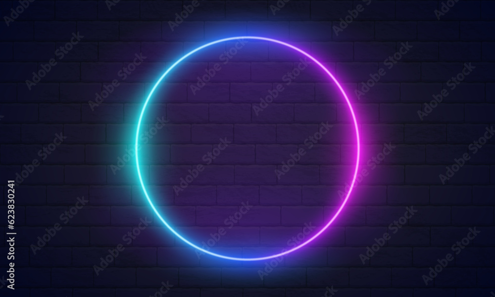 Round neon frame Pink and Blue colors at purple brick wall background ...