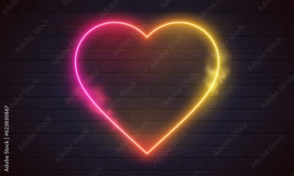 Neon heart. Bright night neon signboard on brick wall background with ...