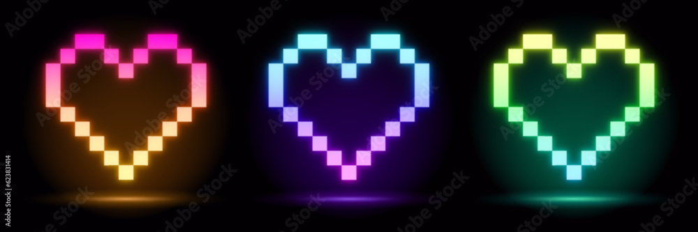 3d render, pixel heart frame, heart shape, empty space, ultraviolet ...